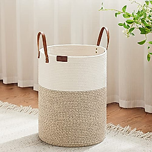 VIPOSCO Small Laundry Basket, Slim Baby Hamper with Leather Handle, Cute Woven Rope Storage Basket for Blanket, Kids Toy, Clothes In Living Room, Bathroom, Bedroom, Nursery Room - 30L White & Brown
