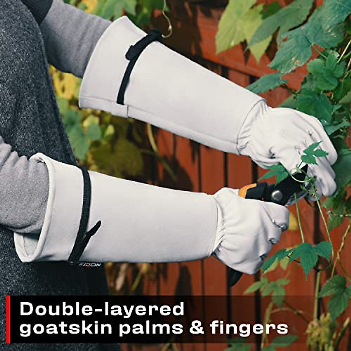 NoCry Leather Gardening Gloves with Improved Long, Adjustable Gauntlet Cuffs; Puncture Resistant with Reinforced Palms and Fingertips; Perfect for Rose Pruning, Size Medium, Grey
