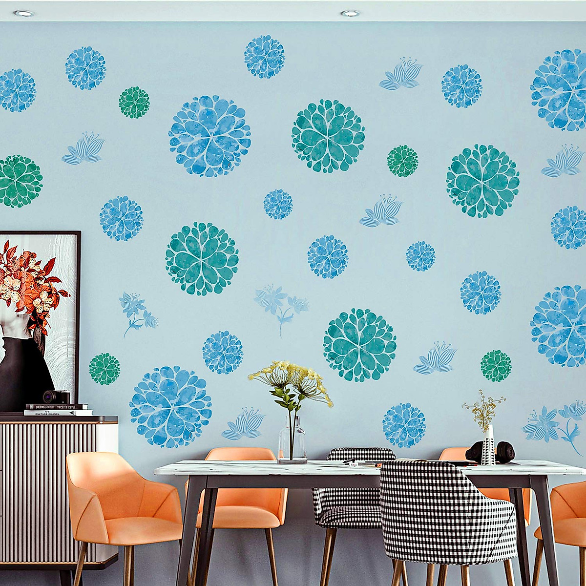 Fashion 3D DIY Creative Blue Flowers Wall Decals Flower Vines Wall Stickers Murals Removable Decor Decal for Living Room Girls Bedroom Home Wall Decoration Nursery Room Sticker Kids Stickers
