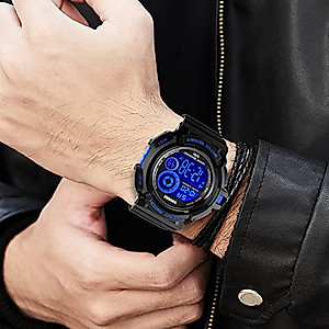 FANMIS Mens Military Multifunction Digital Watches 50M Water Resistant Electronic 7 Color LED Backlight Black Sports Watch (Blue)