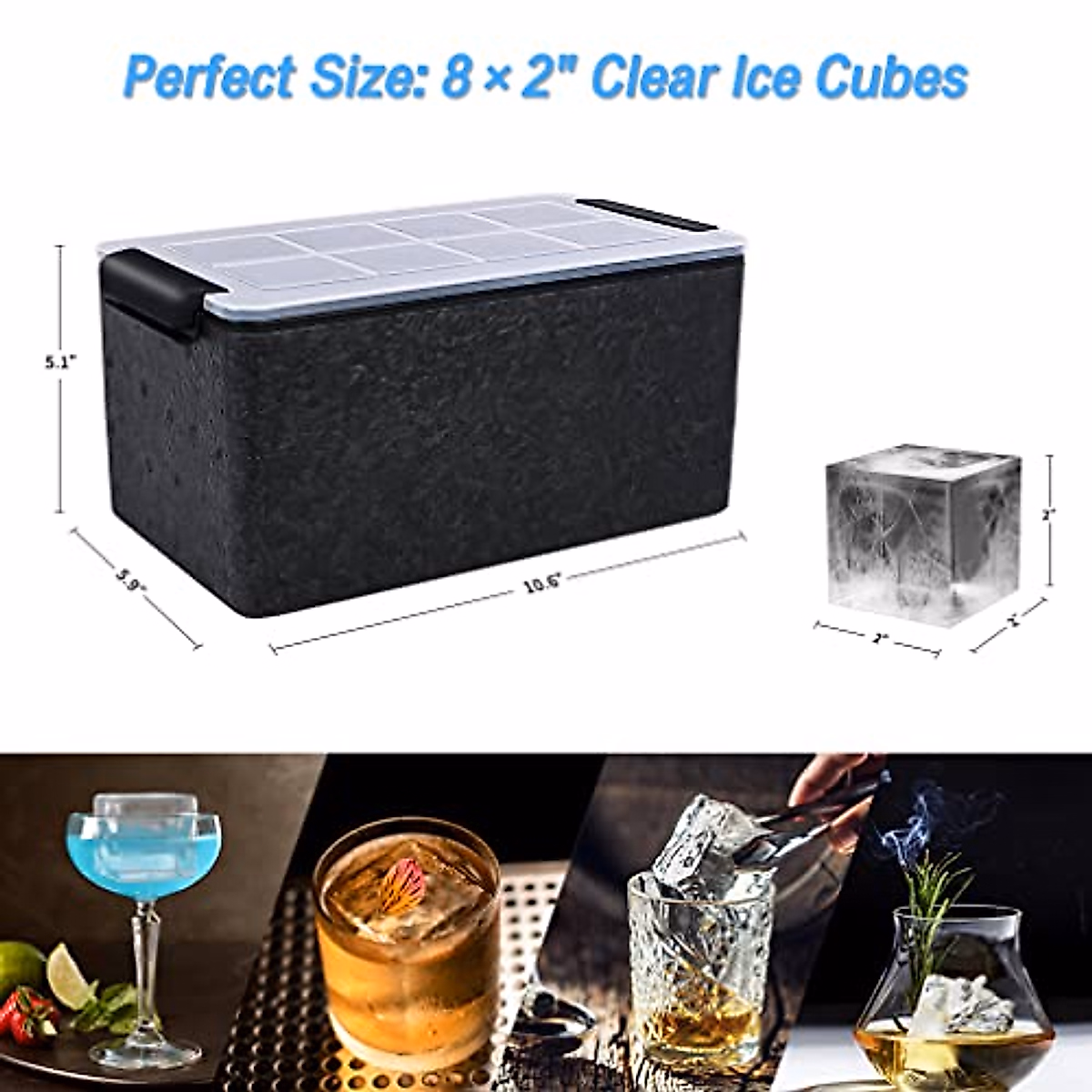 TINANA Clear Ice Maker, Upgrade 2 Inch Clear Ice Cube Tray Make 8 Large Square Ice Cubes, Crystal Clear Ice Cube Maker for Cocktail, Whiskey & Bourbon Drinks, Gifts for Men