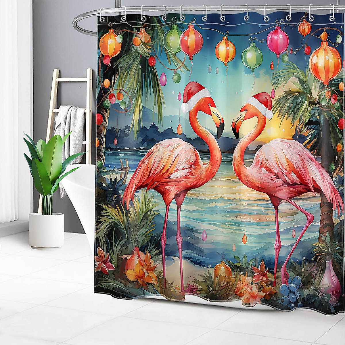 LB Christmas Flamingo Shower Curtain Pink Flamingo Wear Xmas Hat and Tropical Plant Holiday Decor Shower Curtain Beach Bathroom Decor with Hooks 72Lx72W Inch Waterproof Polyester Bath Curtain