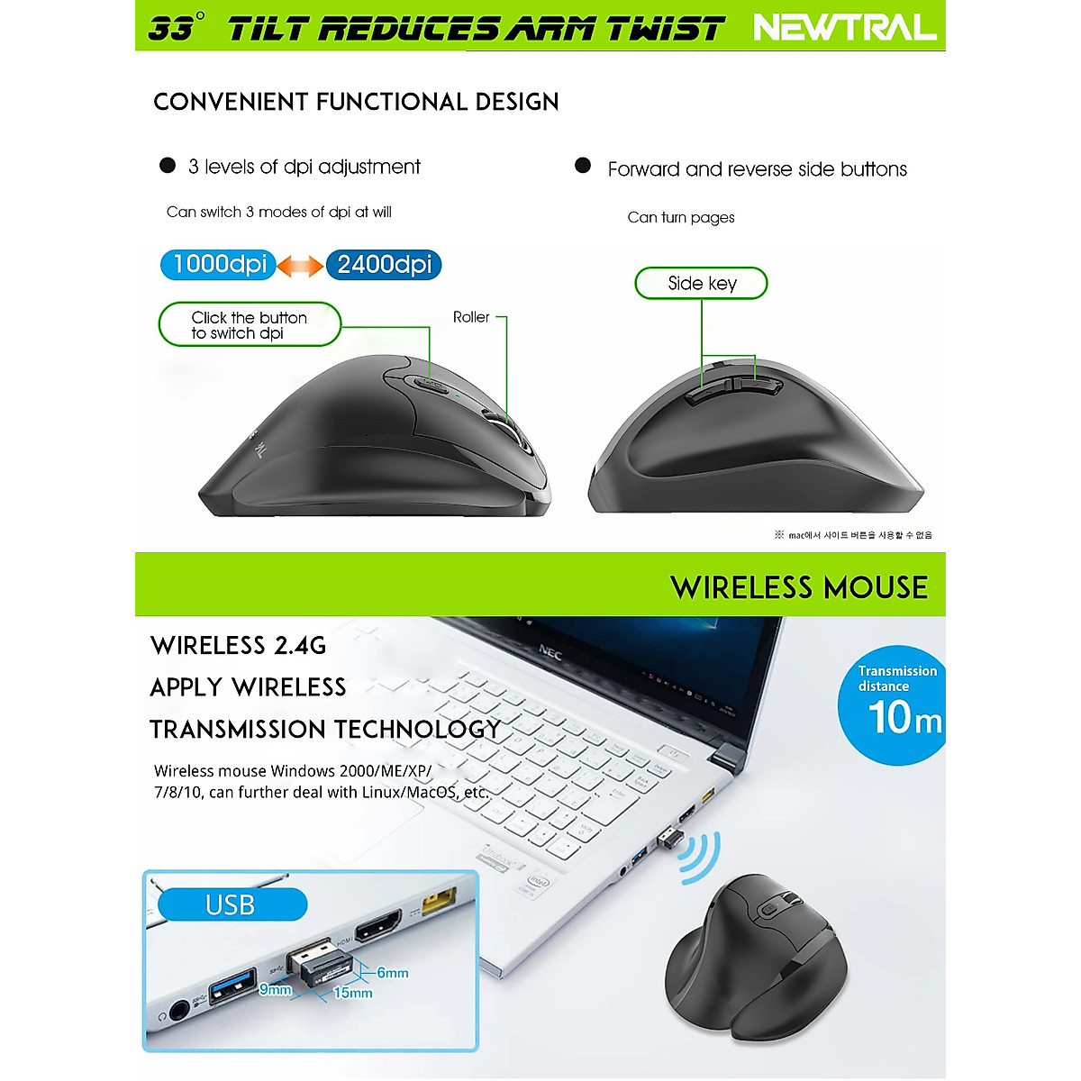 Censi Newtral Ergonomic Mouse,Vertical Wireless Mouse - 2.4GHz Optical Vertical Mice : 3 Adjustable DPI 800/1200/1600 Levels, for Laptop, PC, Computer,Notebook etc,