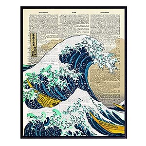 Wave off Kanagawa Japanese Wall Art Print on Dictionary Photo - Ready to Frame (8X10) Vintage Photo - Great Gift for Surfers - Cool Home Decor