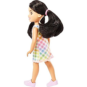 Barbie Chelsea Doll, Small Doll with Black Hair in Pigtails & Brown Eyes Wearing Removable Plaid Dress & Pink Shoes