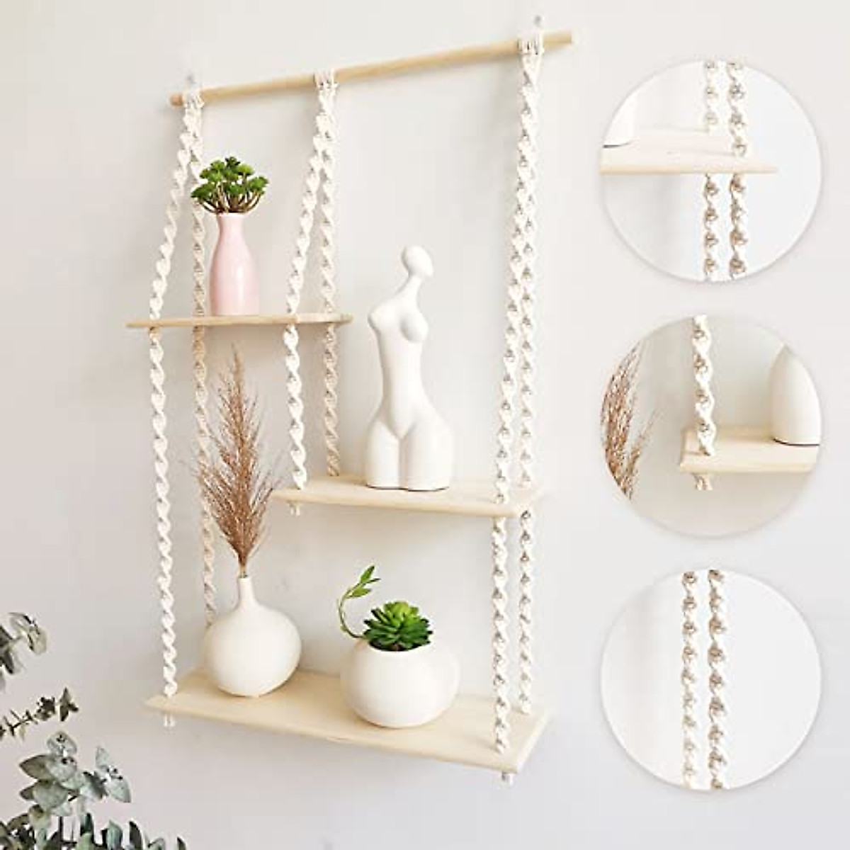 Macrame Wall Hanging Shelf with Three Wooden Shelves Boho Hanging Plant Shelf Boho Wall Decor Hand Woven Natural Rope Floating Shelf for Window Bedroom Bathroom Decorations (Style B)