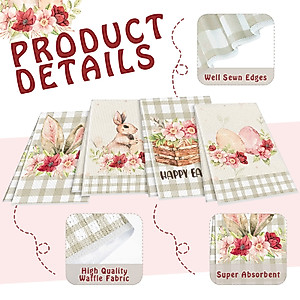 Kajaia 4 Pieces Easter Kitchen Towels and Dishcloths Easter Bunny Flower Egg Kitchen Towels Buffalo Plaid Hand Towels Dish Towels Easter Kitchen Decor (Bunny)