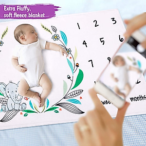 ATHENA FUTURES Baby Monthly Milestone Blanket for Boys Girls - Soft Fluffy Unisex Design - 60 x 40 in - 1 to 12 with Weeks and Months - Wreath and String Markers, 18 Baby Occasions Cards and an e-Book