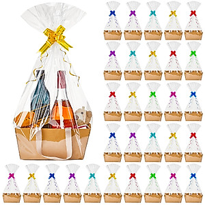 Tuanse 30 Pcs Christmas Basket for Gift Empty DIY Bulk Gift Basket Kit with Handle Kraft Cardboard Tray with 30 Bag 30 Bow Market Tray for Birthday Wedding Party Gift(Brown,12.6 x 9.8 x 5.9 in)