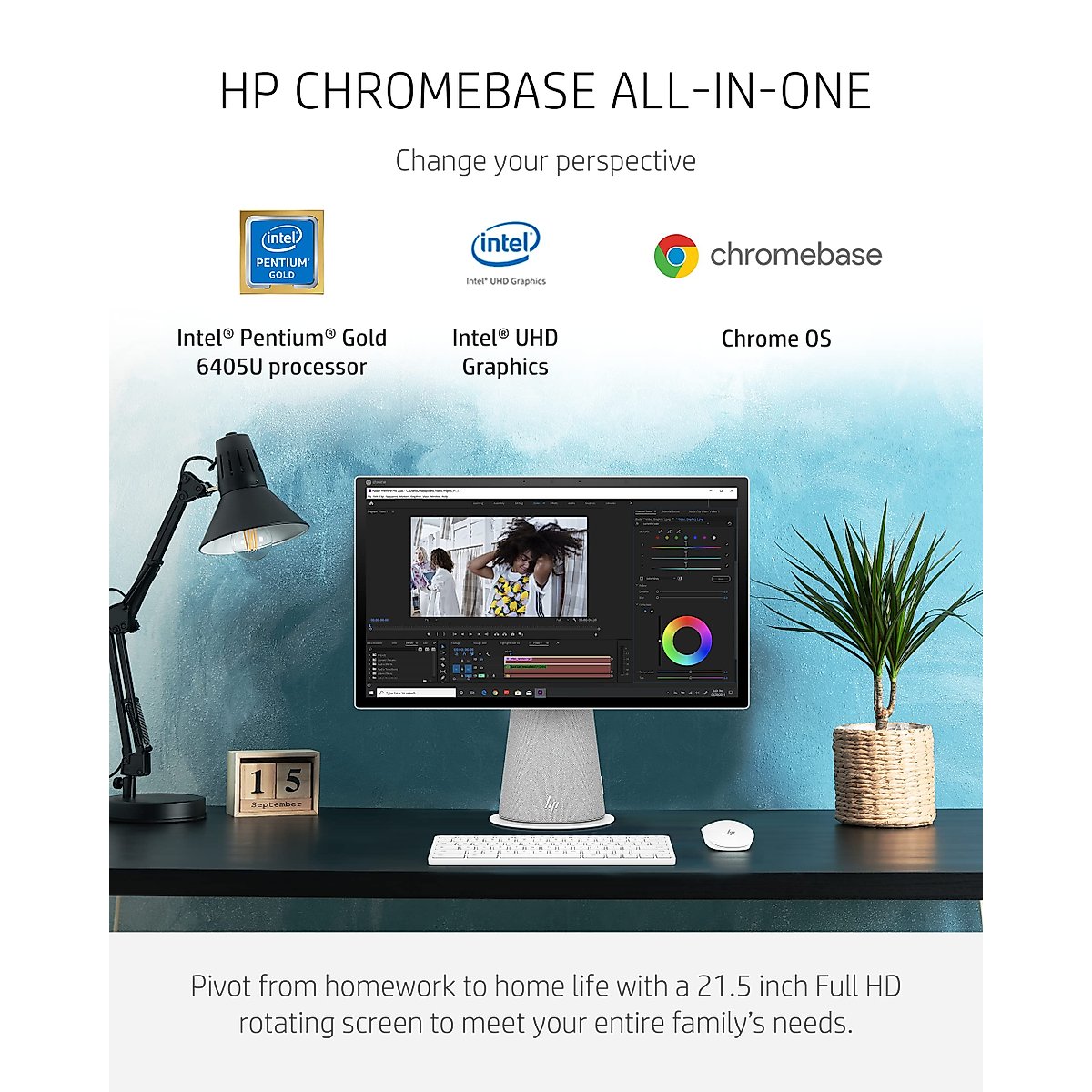 HP Chromebase 21.5" All-in-One Desktop, Intel Pentium Gold 6405U Processor, 4 GB RAM, 128 GB SSD, Rotating Full HD IPS Touchscreen, Chrome OS, Bluetooth Keyboard and Mouse Combo (22-aa0022, 2021)