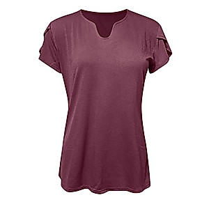 Blouses for Women Plus Size,Women Casual V Neck Pringting Soft T Shirt Flowy Pleated Tunic Button Casual Shirt Summer Short Short Sleeve Puff Top