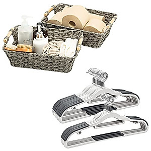 ELONG HOME Plastic Hangers 30 Pack, and 2 Pack 15" Woven Storage Basket, Hand-Knitted Baskets for Organizing
