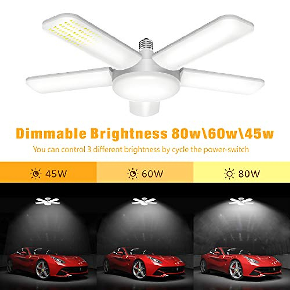 80W LED Garage Lights 2 Pack - 8000LM Deformable & Dimmable LED Garage Ceiling Lights 6500K LED Shop Light with 5 Adjustable Panels, LED Garage Lights for Warehouse Workshop Basement Lights