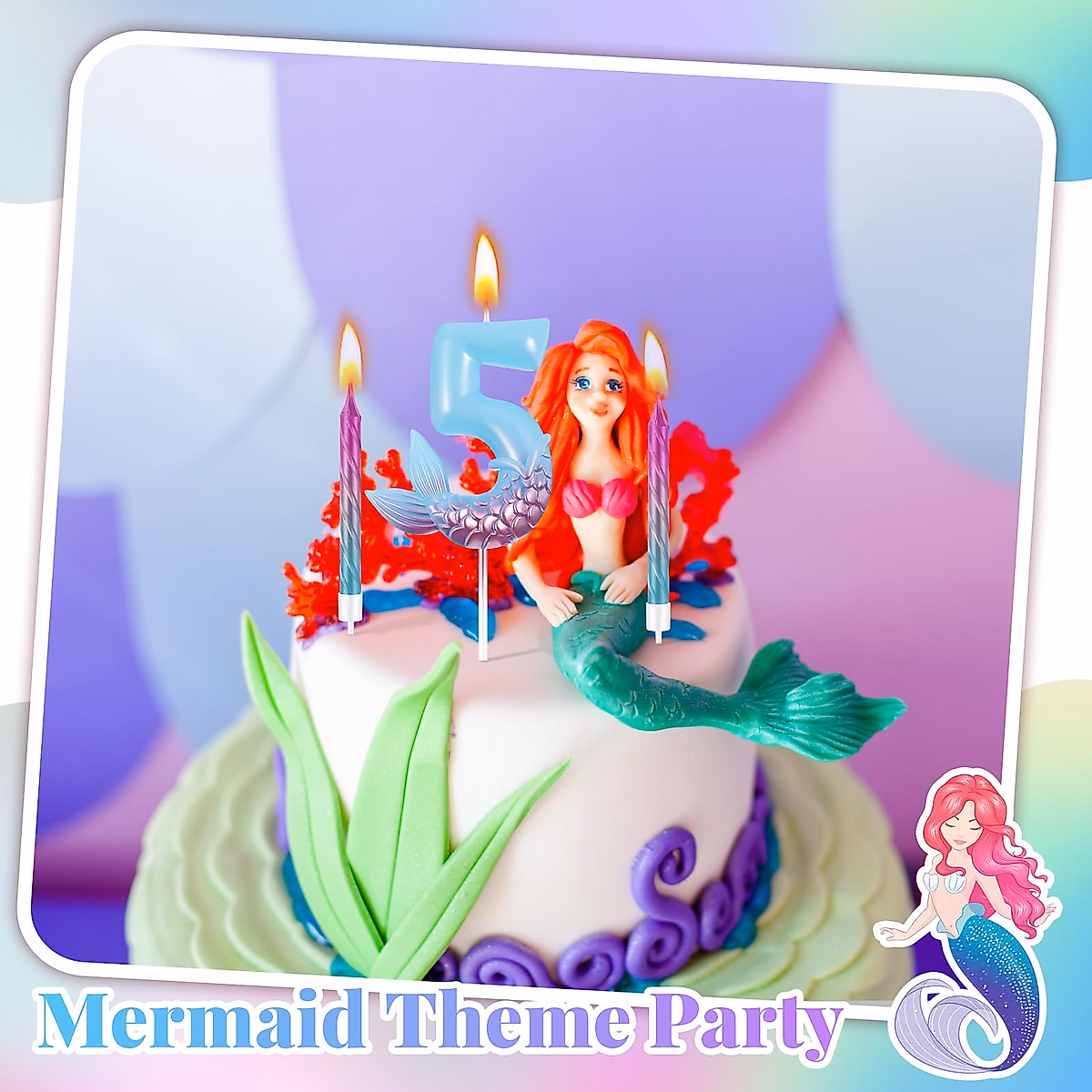 MTLEE 13 Pcs Birthday Candles Set 1 Mermaid Birthday Candle with 12 Pcs Rainbow Spiral Candles Mermaid Cake Toppers Mermaid Birthday Decorations Mermaid Theme Birthday Cake Candles (Number 5)