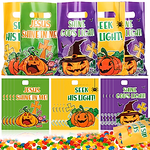 Hotop 150 Pieces Christian Pumpkin Plastic Bags Halloween Goody Bags for Sunday School Supplies Trick-or-treat Bags Church Bags Religious Halloween Party Decor