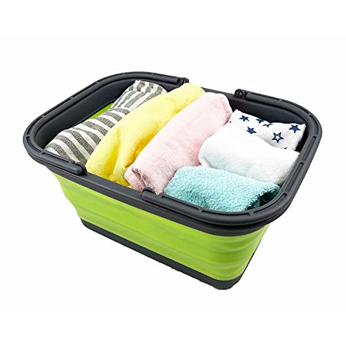 SAMMART 12L (3.17Gallon) Set of 2 Collapsible Tub with Handle - Portable Outdoor Picnic Basket/Crater - Foldable Shopping Bag - Space Saving Storage Container (Grass Green + Cerulean)