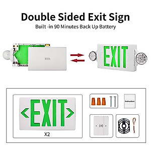 AKT LIGHTING LED Emergency Light & Exit Sign Combo, Green Exit Sign, UL Certified Emergency Exit Light, Adjustable Lamps with Back-up Battery for Business (Green, 6 Pack)