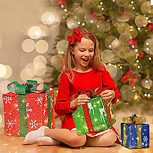 AMZXMAS 3 PCS Outdoor Indoor Christmas Decorations Christmas Lighted Gift Boxes Décor,Pre-lit 65 LED Lights Up Christmas Tree Skirt Ornament with Bows, for Holiday Party Christmas Home Yard (A1)