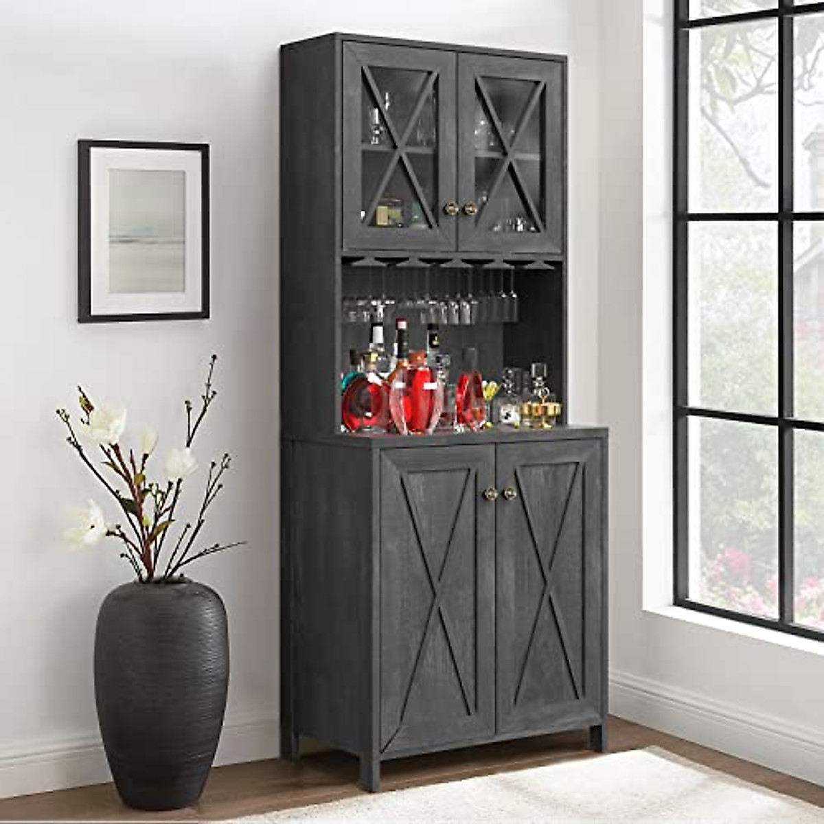 YITAHOME Farmhouse Bar Cabinet for Liquor and Glasses, Dining Room Kitchen Cabinet with Wine Rack, Upper Glass Cabinet, Open Storage Shelves for Living Room, Hallway, Charcoal Grey
