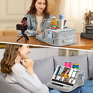 TabCouchCaddy - Couch Cup Holder Tray & Tablet Pillow Stand - Bed, Couch Caddy, Sofa, RV & Car - Holds Drinks, Snacks, Remotes, Phones, Tablet - iPad, Galaxy Tab Compatible | Bed Cup Holder (Grey)