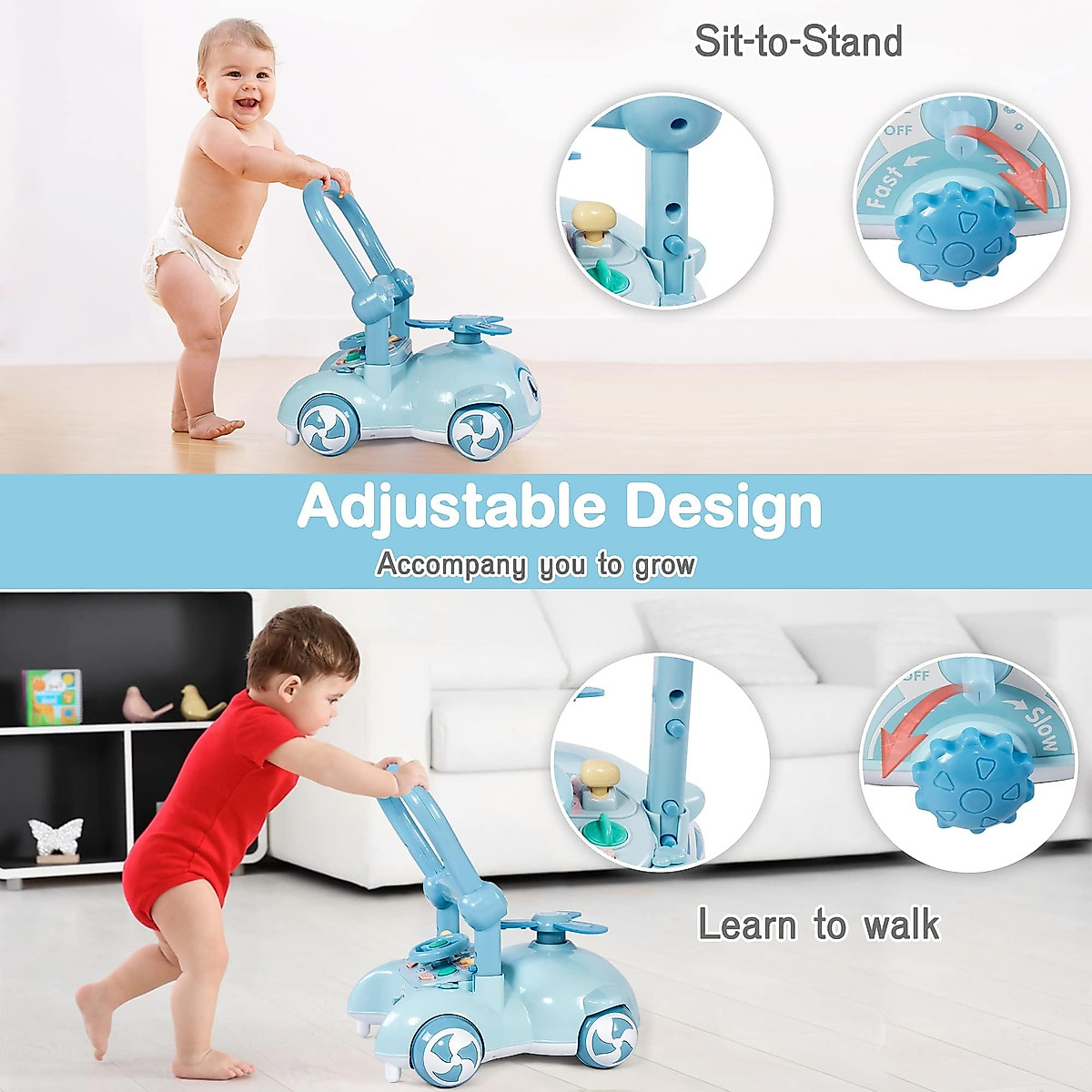 COLOR TREE 2 in 1 Baby Walker + Toddler Steering Wheel Activity Center, Sit-to-Stand Push Pull Walker, Early Educational Learning Toy with 4 Large Wheels and EVA Flash Lamp Blades and Music, Blue