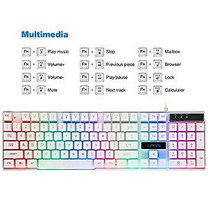 LED Backlit Wired Keyboard and Mouse Gaming Combo Mechanical Feeling Rainbow Backlight Emitting Character 3200DPI Adjustable USB Mice Compatible with PC Raspberry Pi iMac TDW910(White)