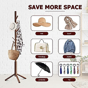 Azaeahom Coat Rack Freestanding with 8 Hooks 3 Adjustable Height Coat Racks Stand Clothing Hanger Stand Wooden Coat Tree Easy Assembly for Entryway, Bedroom, Hallway, Dormitory,Office Cherry