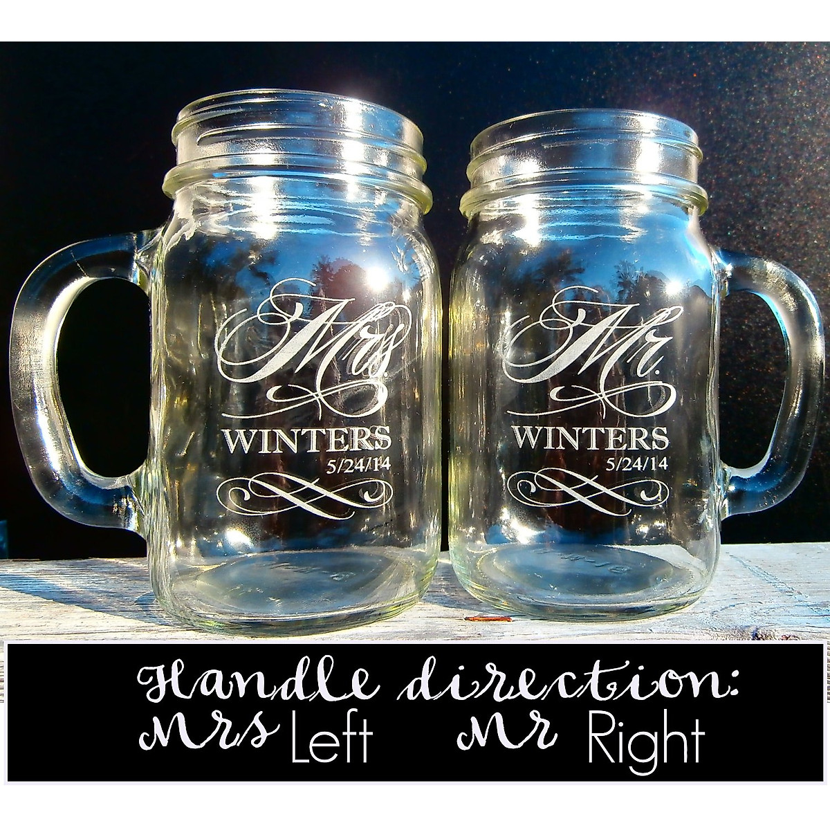 Custom Etched Mr. Mrs. Personalized Mason Mugs with Handle With Last Name and Date Set of 2, Clear