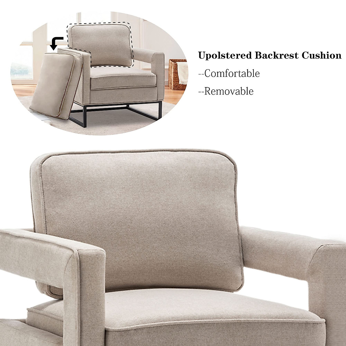Alunaune Modern Accent Chair Living Room Chairs, Mid Century Armchair Upholstered Backrest Lounge Chair Removable Seat Cushion Sofa Reception Chair for Bedroom-Beige