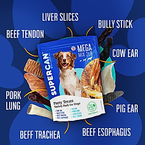 SUPER CAN BULLYSTICKS 2lb Mega Mix Natural Dog Chews Variety - Pig Ears, Cow Ears, Beef Lung, Liver, Trachea - Healthy Treats Small Medium Large Dogs - Long Lasting Bully & Gullet Sticks