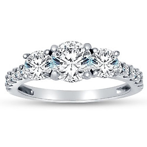 Solid 14k White Gold CZ Cubic Zirconia 3 Three Stone Bridal Engagement Ring w/Matching Wedding Band Two Ring Set - Round Brilliant Cut Solitaire with Round Side Stones (3.0cttw, 1.0ct. Center)