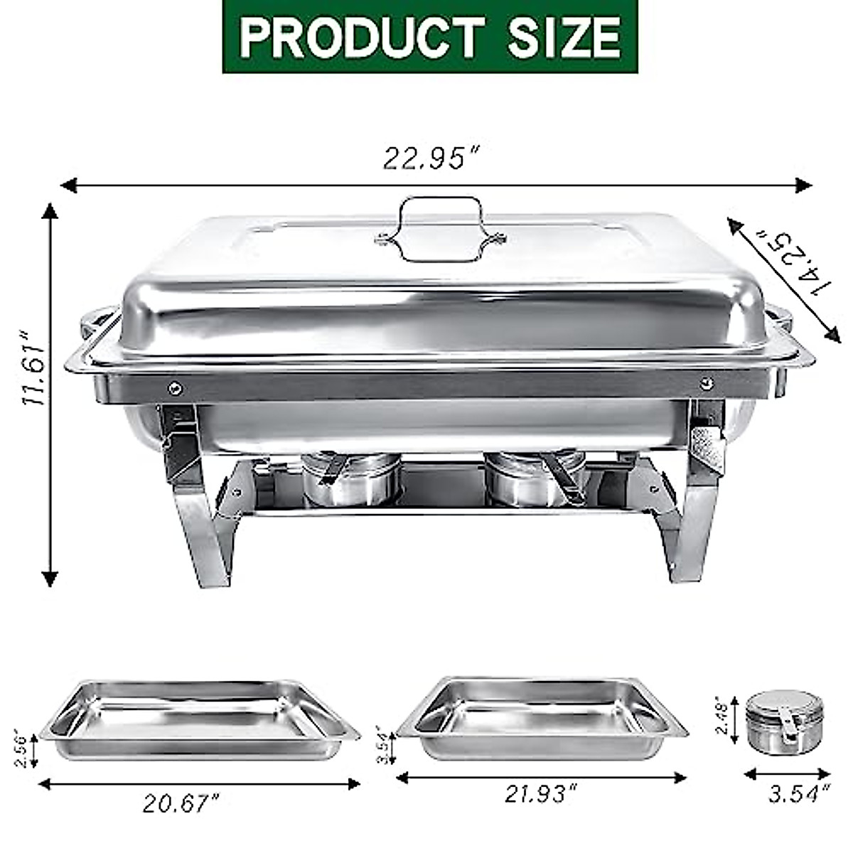 EVGTTI 4 Pack Chafing Dish Buffet Set, 8QT Stainless Steel Rectangular Chafers and Buffet Warmer Sets for Catering, with Food & Water Pan, Lid, Foldable Frame, Fuel Holder