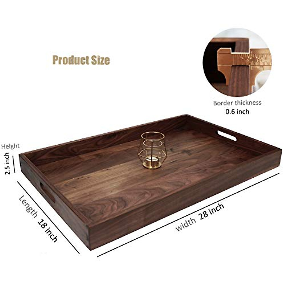 MAGIGO 28 x 18 Inches Extra Large Rectangle Black Walnut Wood Ottoman Tray with Handles, Serve Tea, Coffee or Breakfast in Bed, Classic Wooden Decorative Serving Tray