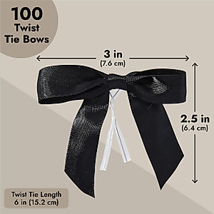 Juvale 100-Pack Twist Tie Bows for Crafts, Pre-Tied Satin Ribbon for Gift Wrap Bags, Party Favors, Baked Goods, Cookies, Mini Bowties for Hair Decorations (2.5x3 in, Black)