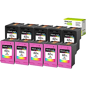 NineLeaf 10 Pack Remanufactured Ink Cartridge Replacement for HP 62XL 62 XL use in Envy 5540 5640 5660 7644 7645 OfficeJet 5740 8040 OfficeJet 200 250 Series Inkjet Printer（5 Black 5 Tri-Color