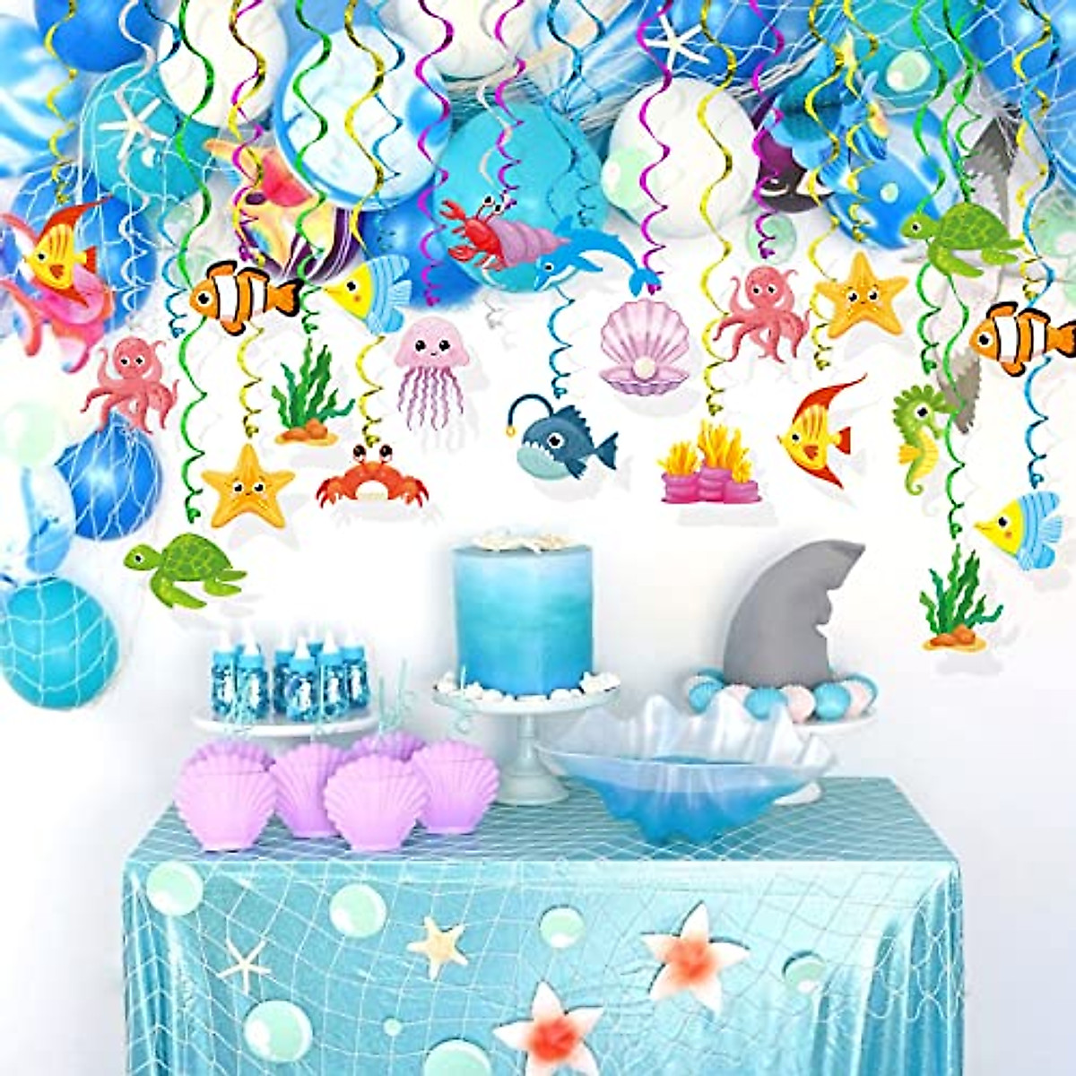 Sea Animals Life Hanging Swirls 30 Pack Foil Ceiling Hanging Swirls Streams Banner Garland Decor for Kids Under The Sea Mermaid Baby Shower Celebrating Events Birthday Party Supplies Room Wall Decor
