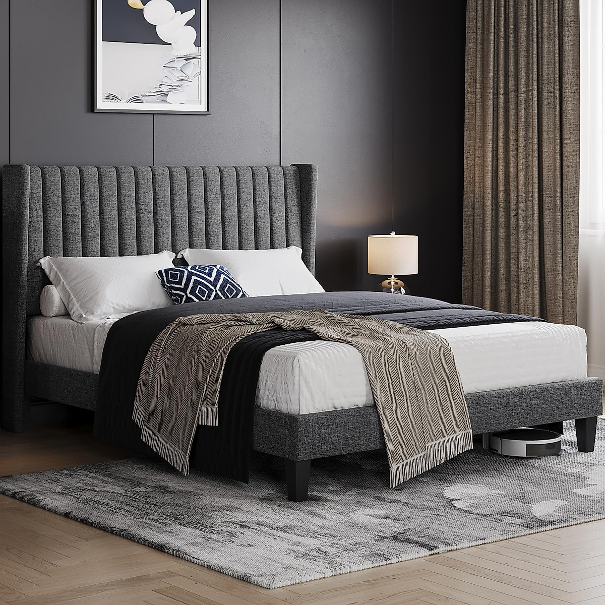Yaheetech Queen Bed Frame Upholstered Platform Bed with Fabric Headboard, Wing Edge Design/Non-Slip and Noise-Free/Wooden Slats Support/No Box Spring Needed/Easy Assembly, Dark Gray Queen Bed