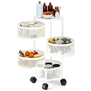 curfair Rotating Storage Rack for Kitchen, 3/4/5 Tier Circular Rotating Storage Shelf Kitchen Storage Cart, Fruit Metal Wire Basket Shelf for Kitchen,Living,Room and Bathroom White Four Layer