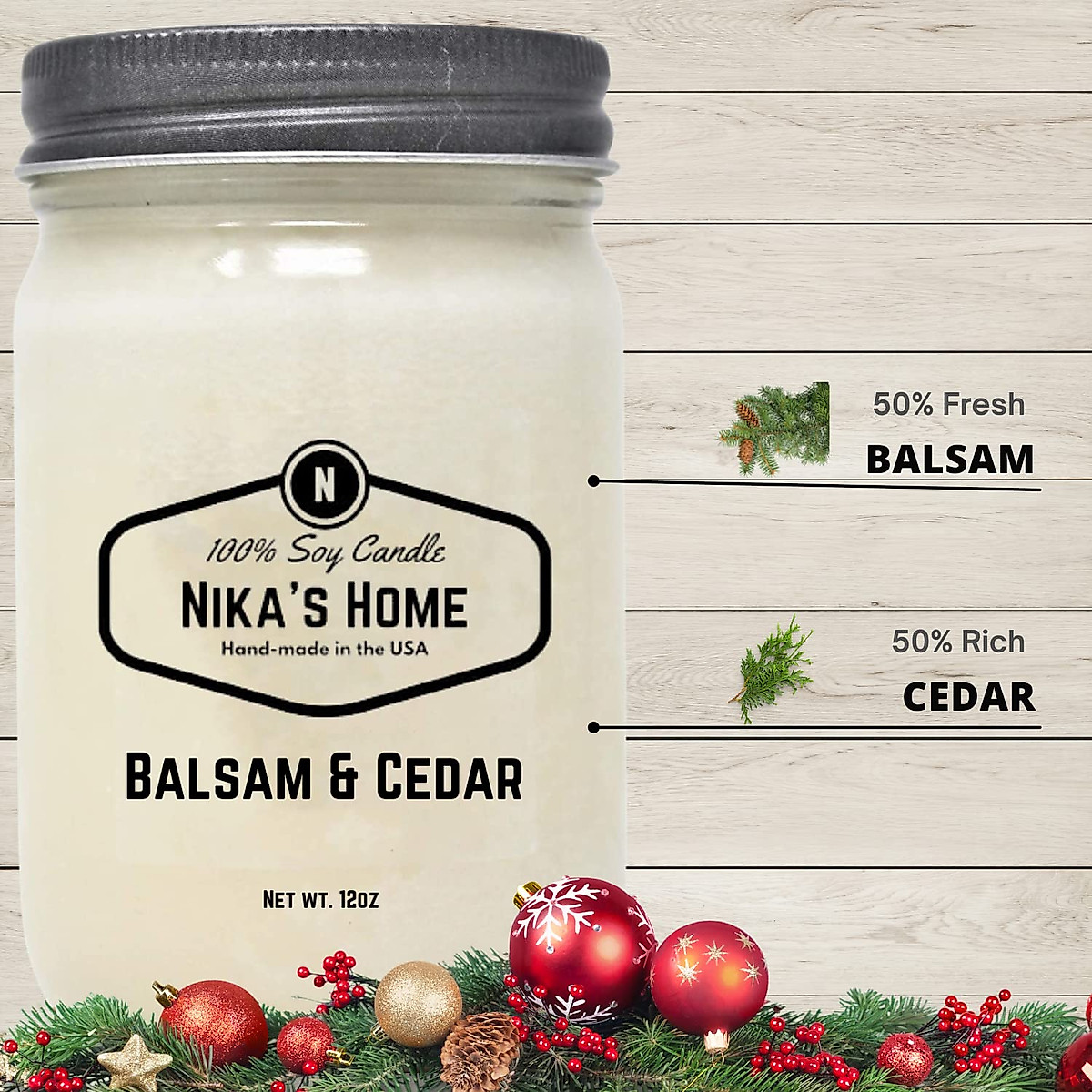 Nika's Home Balsam & Cedar Soy Candle 12oz Mason Jar Non-Toxic White Soy Handmade Long Burning 50-60 Hours Highly Scented All Natural Clean Burning Large Candle Gift Décor