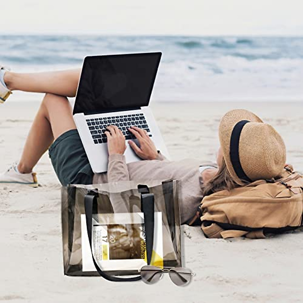 inheming Fashion Black Clear Tote Bag for Women Christmas Gift, Big Capacity Beach Handbag, Transparent Shoulder Bag Concert Stadium Approval