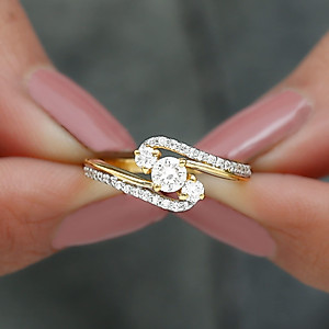 Diamond Past Present Future Bypass Ring | HI-SI Quality | Three Stone Promise Engagement Jewelry for Her, 14K Yellow Gold, Size:US 5.00