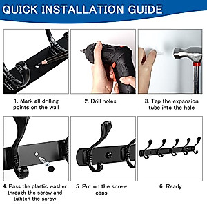 MOKANI Coat Rack Wall Mounted 2 Pack, Stainless Steel Wall Coat Hooks, Heavy Duty Metal Hook Rack Rail for Hanging Clothes Towel Coat Hat Key Robes Entryway Bathroom Kitchen (5 Hooks,Black)