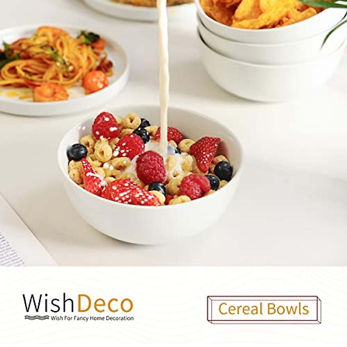 WishDeco Cereal Bowls Set of 4, Ceramic Soup Bowls, 20 Ounce Breakfast Bowls, 6" White Bowls for Dessert, Oatmeal, Pasta, Noodle, Salad, Rice, Microwave & Dishwasher Safe