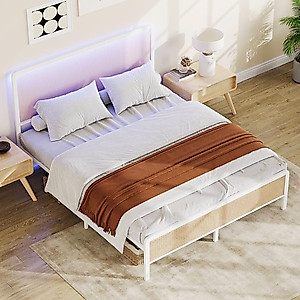 GarveeHome Queen Size White Rattan Bed Frame with LED Lights, Bed Frames with Rattan Headboard, Metal Rattan Platform with Under-Bed Storage, No Box Spring Needed, Noise Free