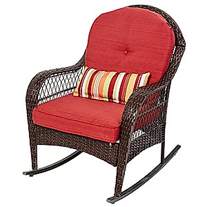 Sundale Outdoor Rocking Chair, Patio Wicker Rocker Chair with Olefin Cushions and Pillow, Rocking Lawn Chair Wicker Patio Furniture - Steel Frame, Brown, Red