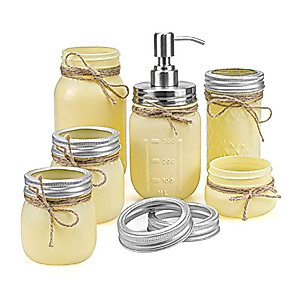 Tebery Yellow Mason Jar Bathroom Accessories Set 6 Pack Painted Jars Rustic Farmhouse Decor Bathroom Countertop Vanity Organizer