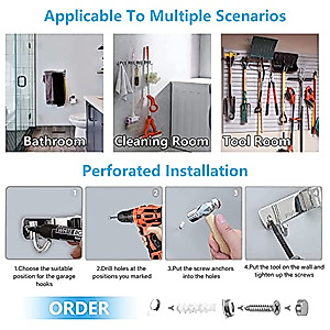 Piyl Broom Holder Wall Mount Garden Tool Organizer,Mop Hanger Wall Mounted Garage Storage,Kitchen,Laundry Utility Rack With 4 Racks and 5 Hooks - Metal Wall Holder For Broom, Rake,Mop Handles Up To 3/4”