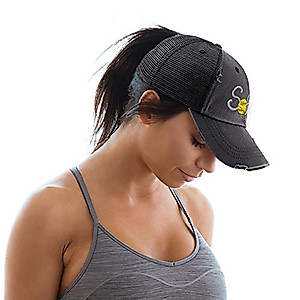 Womens Ponytail Cap Softball Embroidery Cotton Distressed Trucker Hats Strap Closure Turquoise