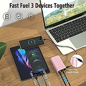 BOANV 12000mAh【2023 Upgraded】 Mini Lightweight Portable Battery Charger with 2 Built-in Cables (Type C, iOS), Fast Phone Charging Battery Pack Power Bank Portable Charger (Pink)