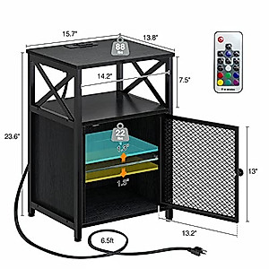 Rolanstar Nightstand with Charging Station, End Table with LED Lights & Power Outlets, Side Table with Storage Shelf, Sofa Table with Glass Shelf Mesh Door for Bedroom, Black